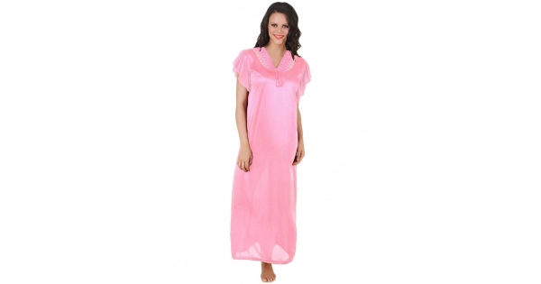 Women's Satin Long Nighty Frill Sleeve(Color Baby Pink-Neck Type V Neck ...